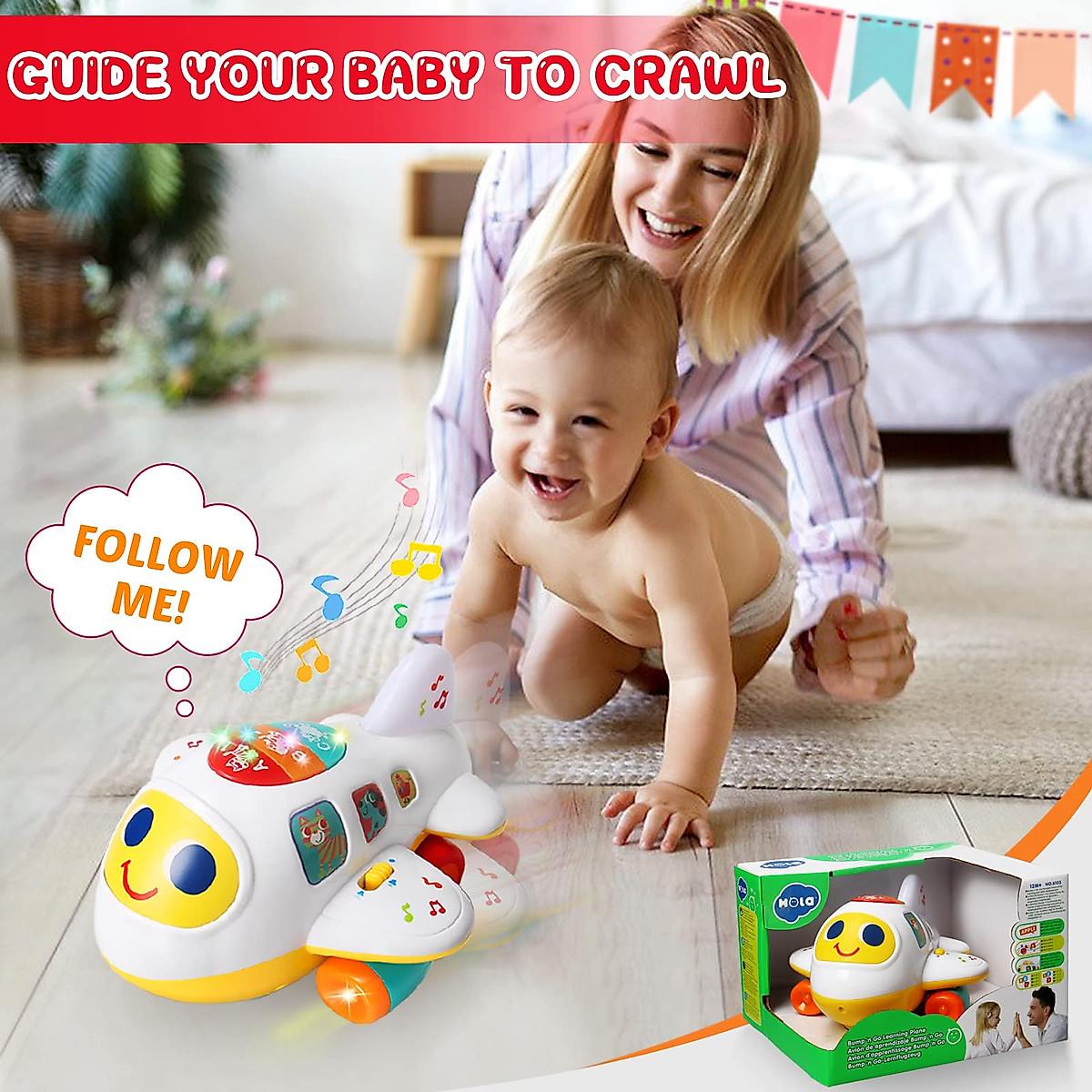 JJKIMAG Baby Toys 6 to12 Months Musical Airplane Crawling Infant Toys with Lights/Universal Moving Educational Toys for 12-18 Month Birthday Toddler Toys for 1 2 3 Year Old Boys Girls, Medium (y123)