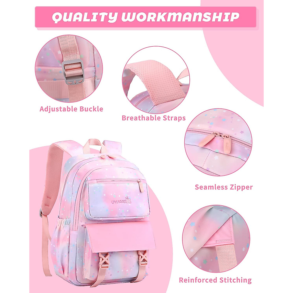 Tanou Kids Backpacks for Girls, 16 Inch Elementary Middle School Backpack, 2023 Lightweight Girl Bookbags with Anti-theft Pocket, Pink