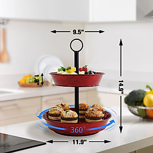 LF Likefair Red 2 Tiered Serving Stand Tray, Lazy Susan, Cake Stands Cupcake Holder,360° Rotation Dessert Stand Table Decorations for Party Wedding Home Decor