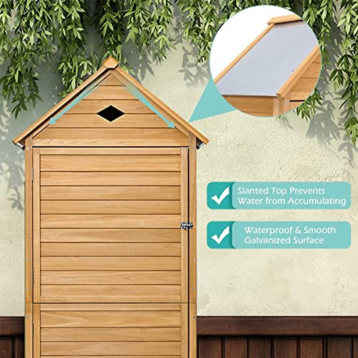GRAFFY Garden Storage Shed, Outdoor Garden Tools Cabinet with 2 Lockable Doors, Wooden Storage Cabinet with Galvanized Sheet Roof for Garden, Yard, Patio