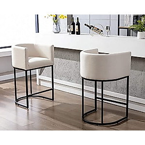 RIVOVA Contemporary Cream Linen Bar Stool, 29" Upholstered Fabric Counter Height Barstool Kitchen Counter Island Stool with Black Metal Base