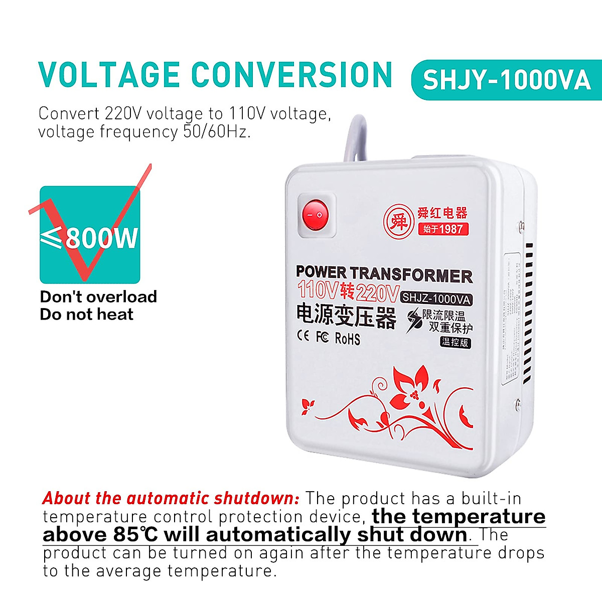 （1000W） Voltage Converter from 110V to 220V, high Performance Step-up Transformer to Support appliances Used in Europe, Asian appliances and Other Regions,CE/FCC Certification.