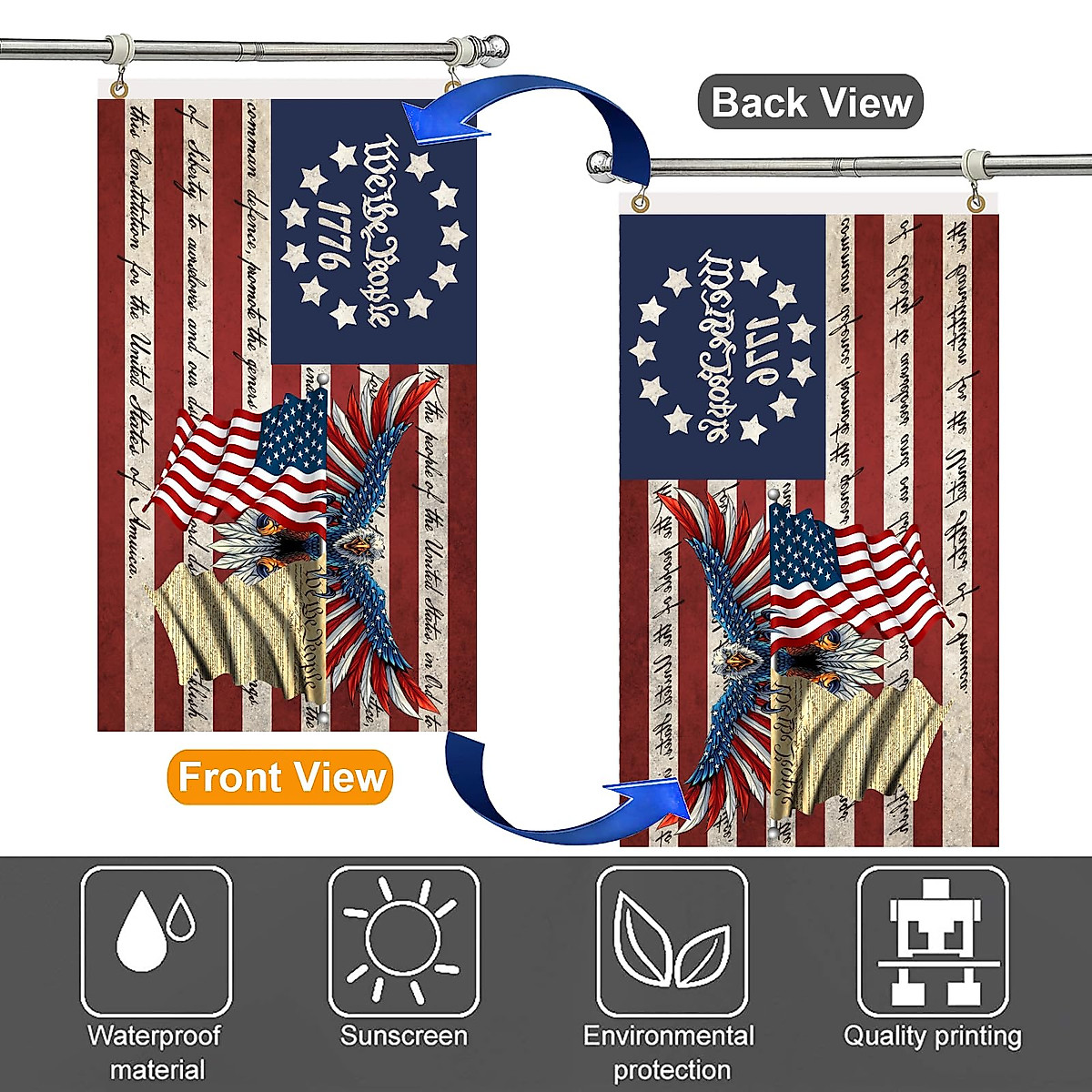 Unique American Eagle Flag Flag For Outside With Brass Grommets, Rustic Bald Eagle With America Flag Outdoor, Double Printed Patriotic USA Military Flags Banner With UV Fade Proof