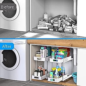 Under Sink Organizers and Storage, 2 Pack Pull-out Large Capacity Under Bathroom and Kitchen Cabinet Storage Drawer Organizer with Hooks, Multi-purpose Heavy Load Under Sink Shelf Organizer, White