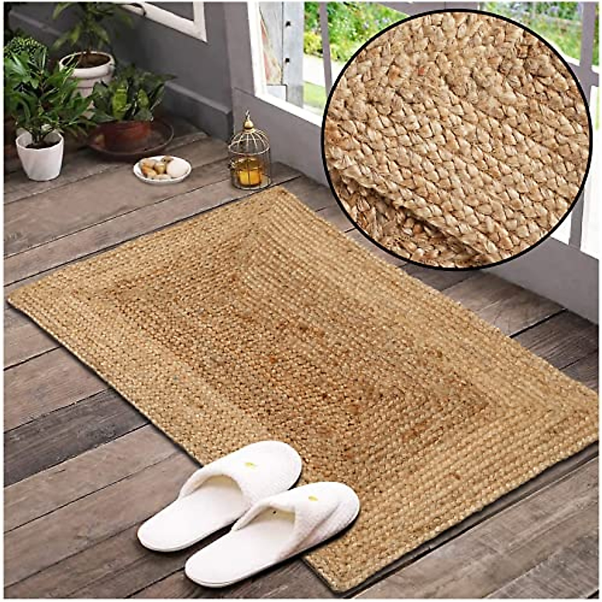 Bedding Craft Hand Woven Farmhouse 2x3 Ft Tightly Braided Chindi and Jute Rug 24x36 Natural – Reversible Durable Sustainable for Home Décor