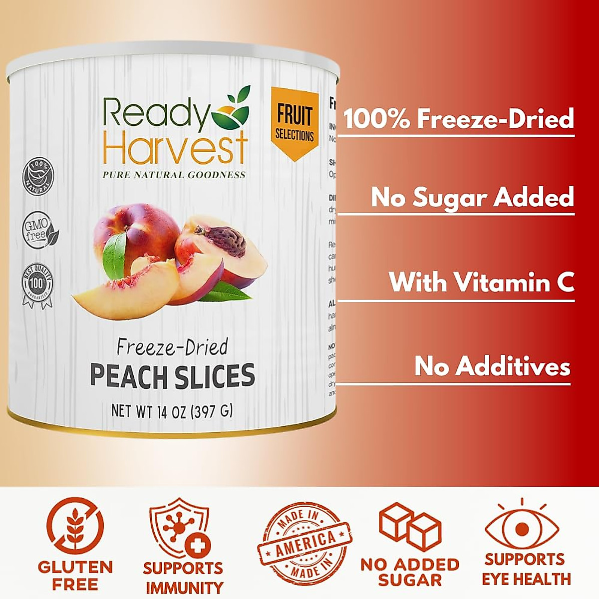 Ready Harvest Freeze Dried Peaches Freeze Dried Fruit, Freeze Dried Food Gluten Free Snacks, Fruit Snacks, Canned Food, Camping Essentials, Veggie Snacks #10 Can, 25-year shelf life 6 cans 397g