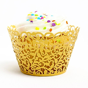 Honbay Pack of 50 Filigree Little Vine Lace Laser Cut Cupcake Wrapper Liner Baking Cup Muffin Cake Trays for Wedding Birthday Chrismas Party Cake Decoration (Gold)