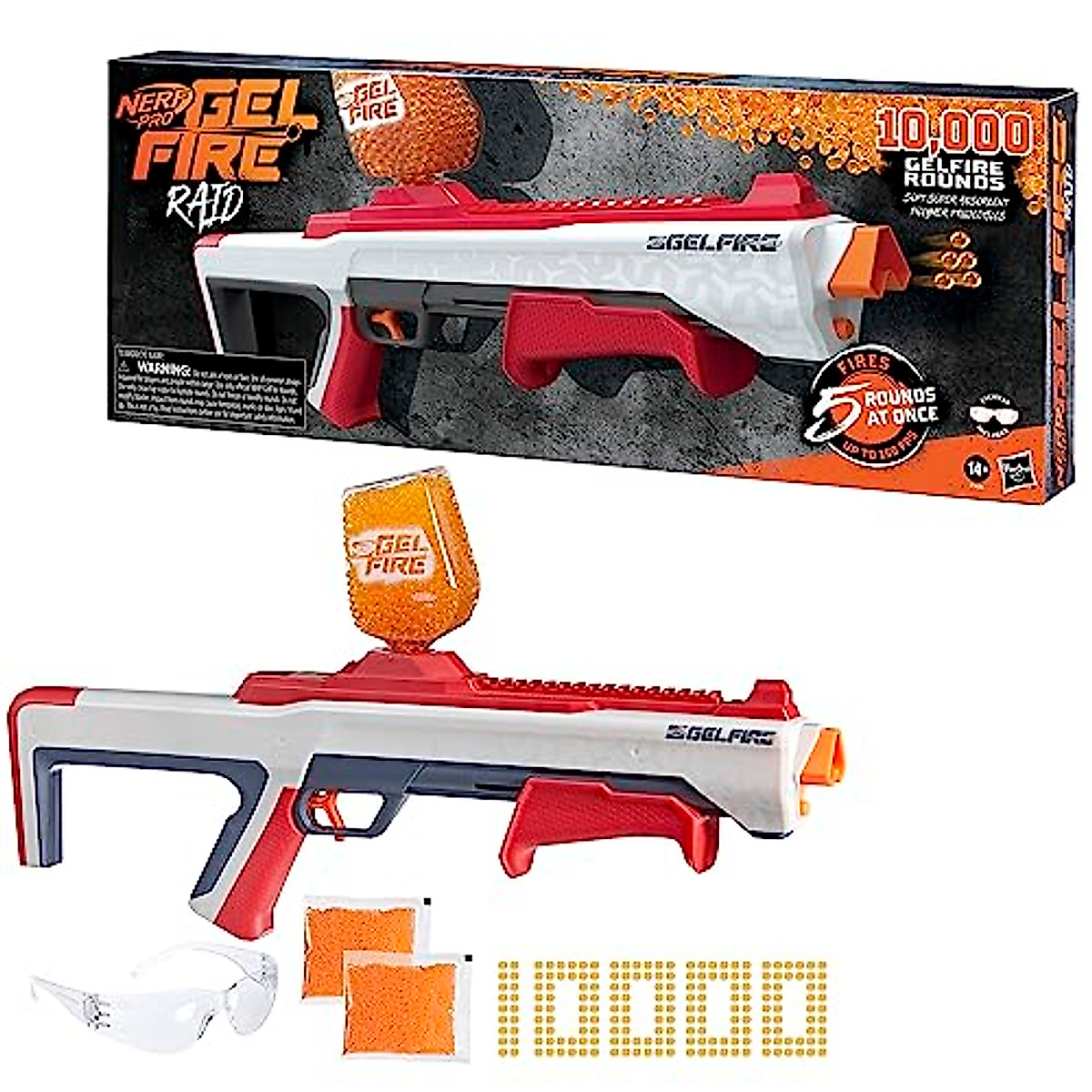 NERF Pro Gelfire Raid Blaster, Fire 5 Rounds at Once, 10,000 Gel Rounds, 800 Round Hopper, Eyewear, Toys for Teens Ages 14 & Up