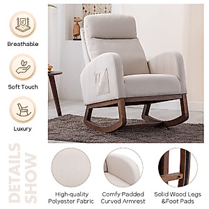 NIOIIKIT Nursery Rocking Chair, Upholstered Glider Chair for Nursery, Accent Rocker Chair with Tall Back & Side Pockets, Modern Leisure Single Arm Chair for Living Room, Bedroom (Beige)