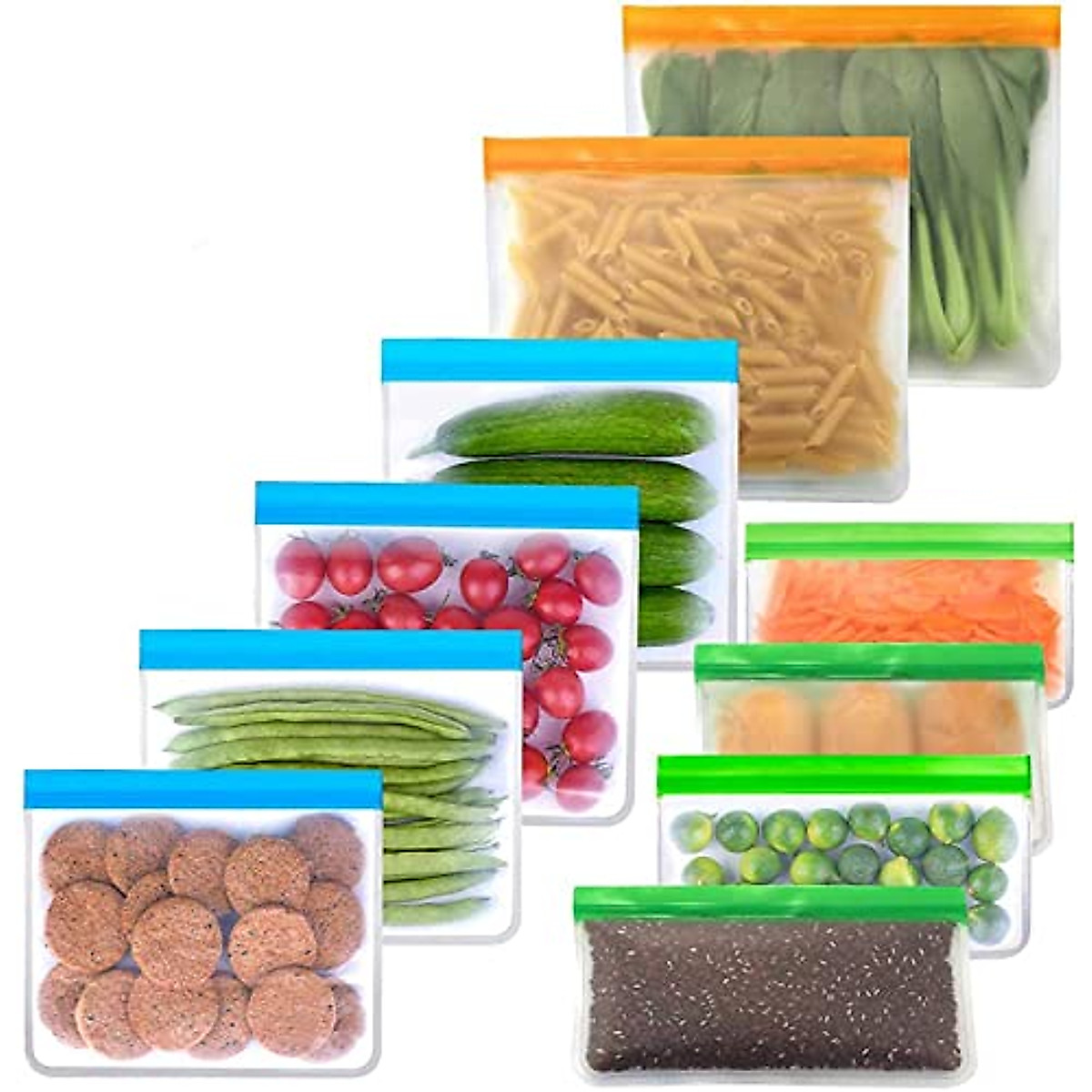 10 Pack BPA Free Reusable FoodStorage Ziplock Bag Silicone, eakproof,Durable and EcoFriendly Freezer for Lunch,Snacks,Fruits,vegetables Marinate Meats-2 Large,4 Medium 4 Small, Multicolor, 1 Count
