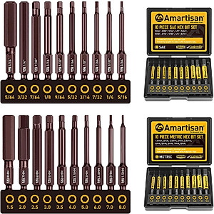 Amartisan 20-Piece Hex Head Allen Wrench Drill Bit Set, Metric and SAE S2 Steel Hex Bits Set, Magnetic Tips, 2.3" Long With Storage box.