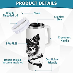 ODAWA Cat Skull Travel Tumbler 30 Oz Water Cup with Straw and Lid