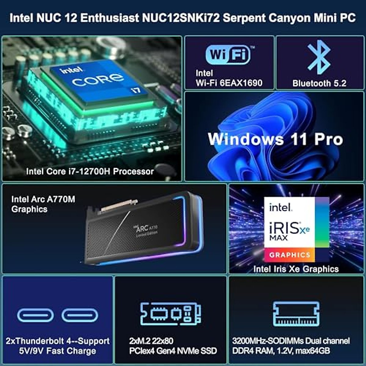 Intel NUC 12 Enthusiast NUC12SNKi7 Mini PC Core i7-12700H | 14 Cores/20 Threads | ARC A770 Graphics, Connectivity 6 USB-A, 2 USB-C, 1 HDMI, 2 Display Ports(Barebone)