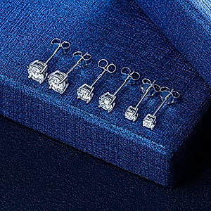 GEMSME 925 Sterling Silver White Gold Plated 4 Pong Round Clear Moissanite Stud Earring for Women 3/4/5mm Pack of 3 Pairs