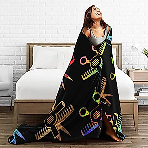 Scissors and Comb Hair Stylist Salon Black Soft Throw Blanket All Season Microplush Warm Blankets Lightweight Tufted Fuzzy Flannel Fleece Throws Blanket for Bed Sofa Couch 50x60in