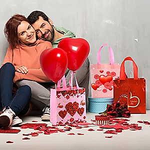 Valentines Day Gift Bags Reusable Shopping Bag Heart Rose Valentine Tote Bag Non Woven Treat Bags with Handles for Valentine's Day Wedding Party Supplies Gifts Wrapping, 9 x 8.7 x 4 Inch (16 Pieces)