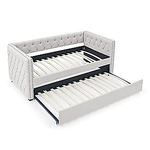 Daybed with Trundle, Upgraded Linen Upholstered Twin Size Day Bed Button-Tufted Sofa Daybed Frame with A Trundle, No Box Spring Needed, Furniture for Bedroom Living Room Guest Room (Beige, Twin)