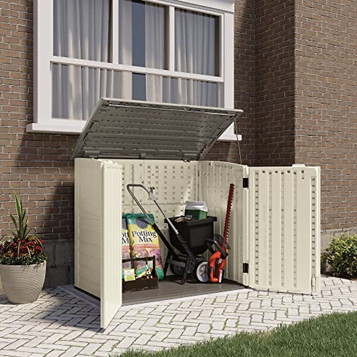 Suncast Horizontal Outdoor Storage Shed for Backyards and Patios 34 Cubic Feet Capacity for Garbage Cans, Tools and Garden Accessories, No Size, Vanilla