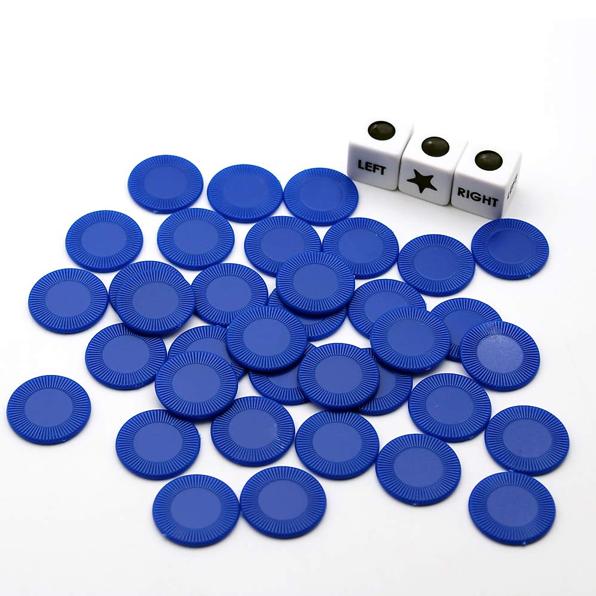 Bilywey Left Right Center Dice Game Set with 3 Dices + 36 Blue Chips (Blue)