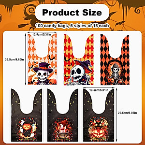 Halloween Treat Bags 100Pcs,6 Style Candy Bags Treat Bags Kids, Cute Rabbit Ear Plastic Goody Bags Halloween Bags for Trick or Treat Goodie Party Favor Gifts