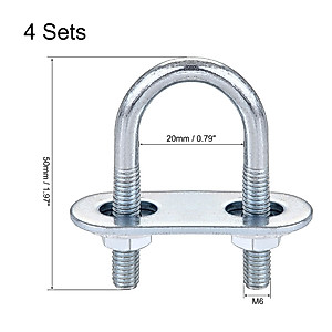 uxcell Round U-Bolts 4 Sets 0.79"(20mm) Inner Width 50mm Length Steel M6 with Nut, Plate, Washer
