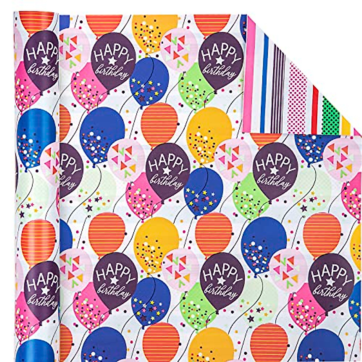 WRAPAHOLIC Birthday Reversible Wrapping Paper - Mini Roll - 17 Inch X 33 Feet - Colorful Balloon with Confetti Design for Birthday, Holiday, Party, Baby Shower
