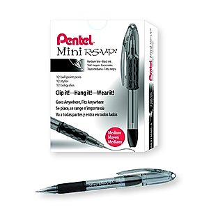 Pentel BK91MNA-A Pentel Mini R.S.V.P. Stick Ballpoint Pen, Translucent Brl, Black Ink, Med Pt, Pack of 12