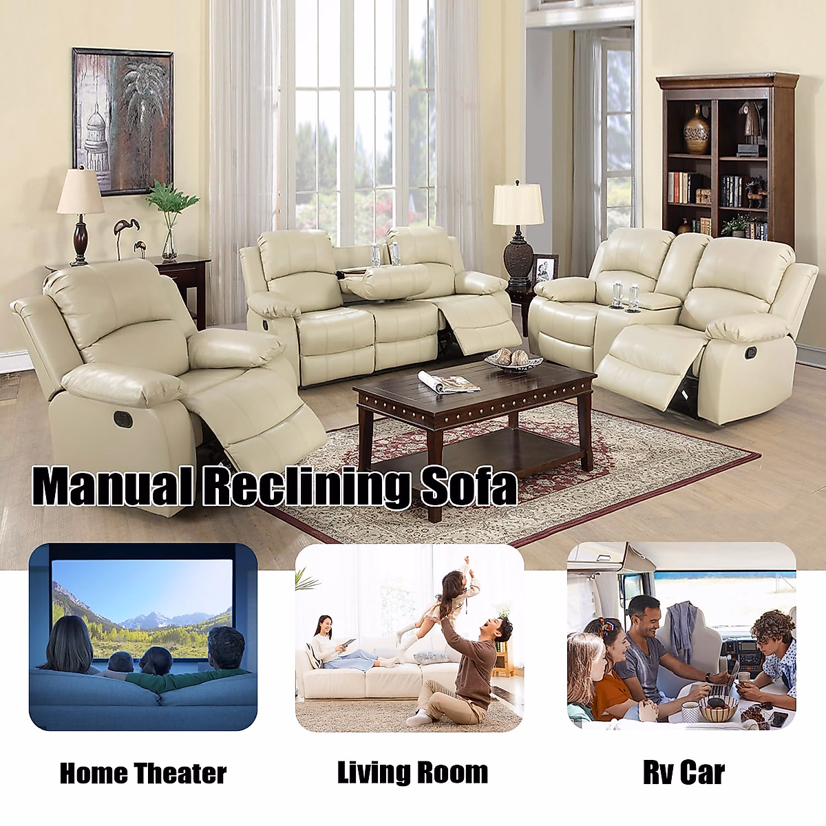SIENWIEY Beige Leather Reclining Sofa Set for Living Room Set,Recliner Sofa and Loveseat Set/Recliner Sofa with Drop Down Table/Double Recliner Loveseat with Storage Console/Faux Leather