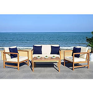SAFAVIEH Outdoor Collection Montez Natural/ Beige Cushions/ Navy Pillows 4-Piece Conversation Patio Set