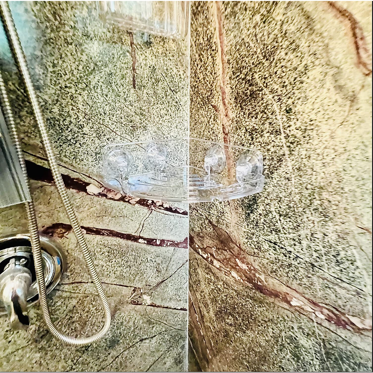 RoomForLife - Clear Corner Shelf- 10 by 3 by 3 - Suction and Adhesive Attachment - Bathroom - Garage - Kitchen - Plant Shelf