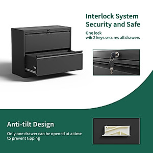 Yukimo 2 Drawer Lateral File Cabinet with Lock, Metal File Cabinets for Home Office Legal/Letter A4 Size, File Cabinet with 2 Drawer Storage Cabinet,Require Assembly,Black