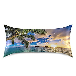 Tropical Beach Sea Sunrise Palm Tree Satin Pillowcase Silk Pillow Case for Hair and Skin Pillow Covers with Envelope Closure,Standard Size 20x26 Inch