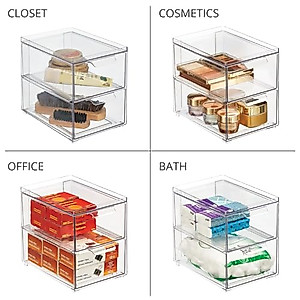 mDesign Stackable Storage Containers Box with 2 Pull-Out Drawers - Stacking Plastic Drawer Bins for Kitchen Pantry and Cupboard, Cabinet, Counter, Island and Tables - Lumiere Collection, 4 Pack, Clear
