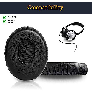 SOULWIT Professional Replacement Earpads Cushions for Bose QuietComfort 3 (QC3) and OE1 On-Ear Headphones, Ear Pads with Softer Leather, Noise Isolation Foam, Added Thickness (Black)