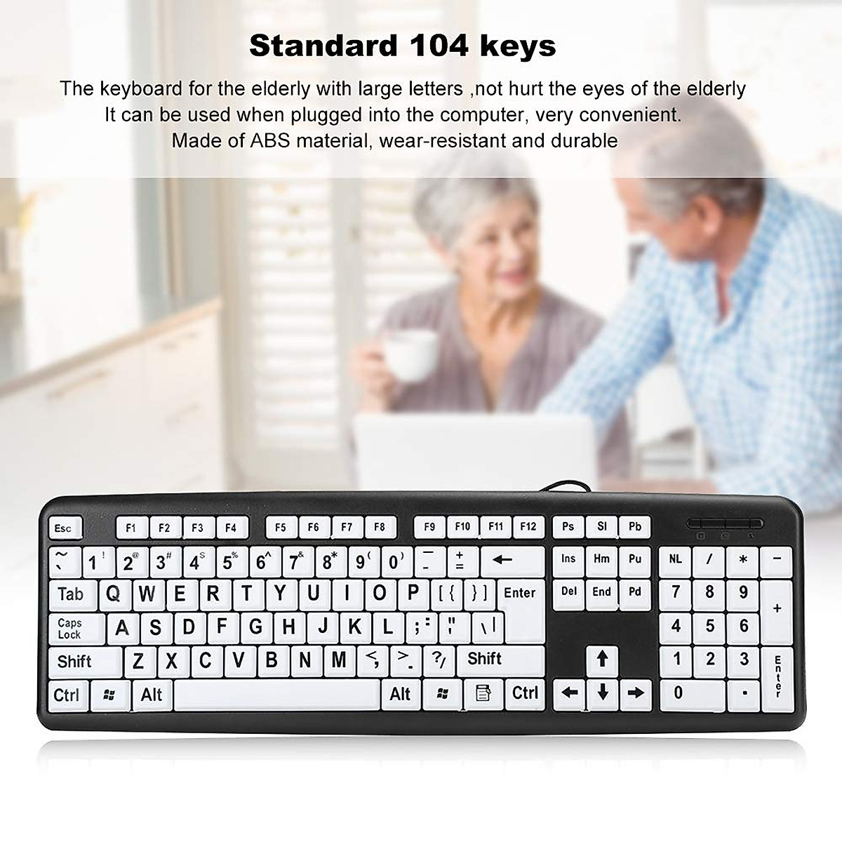 Elderly Keyboard, 104 Keys QWERTY Layout Keyboard Large Font Print USB Wired Keyboard Standard Full Size Computer Keyboard for Old People(1.35M Cable)(Black)