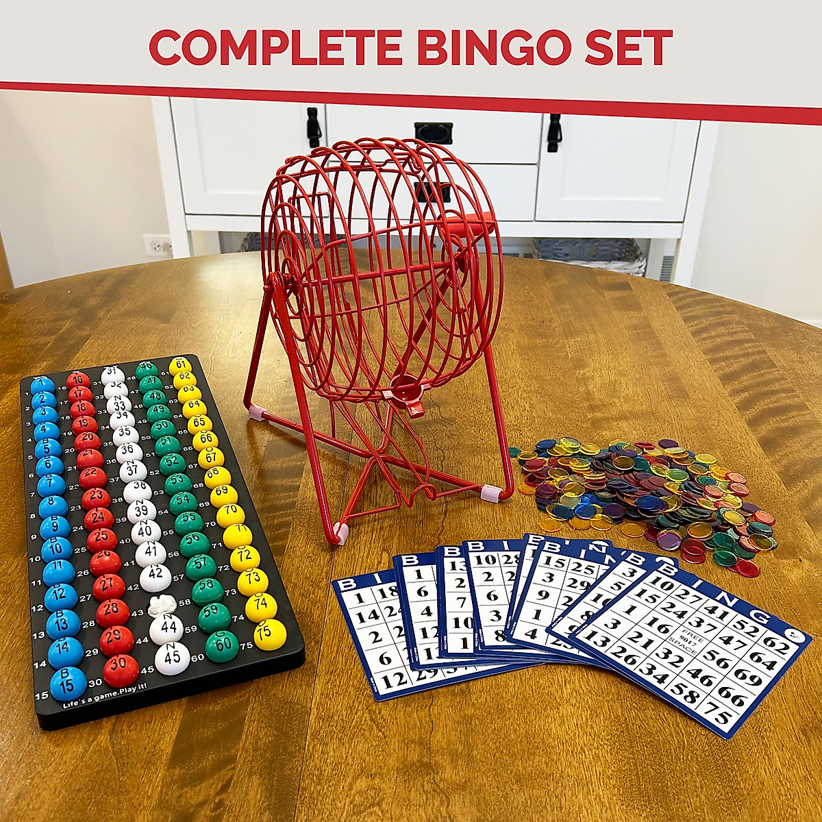 MR CHIPS 11" Tall Bingo Set with Steel Cage Professional Game Everlasting 7/8” Balls, 18 Cards and 300 Chips - Lucky Red Color