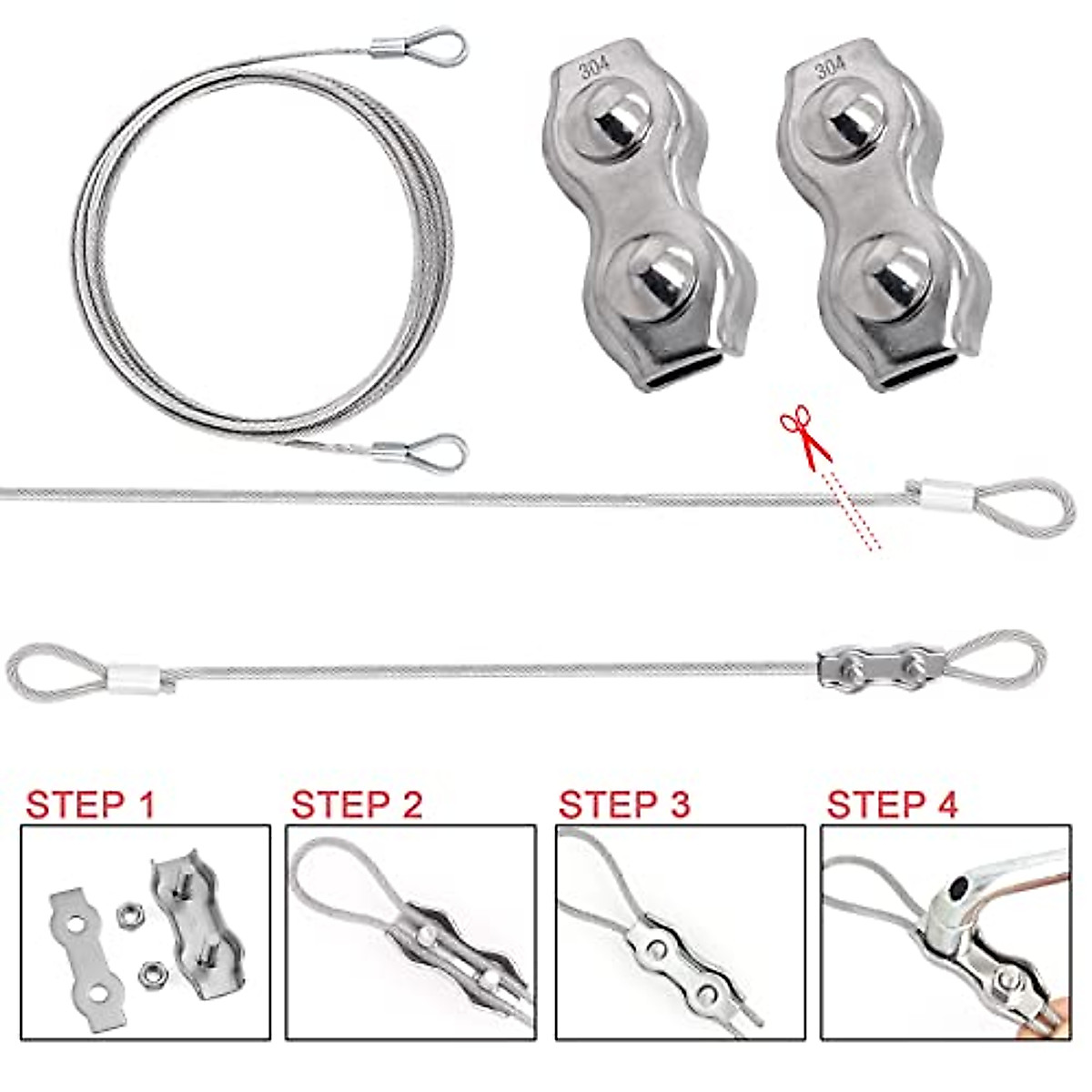 NQN 48 PCS T304 6 Inch Hardware Kit for Square & Rectangle Sun Shade Sail Canopy Awning Installation Installation Complete Set, 48 Ft (12'x4) Extension Cable Wire Rope, 304 Stainless Steel, Anti Rust