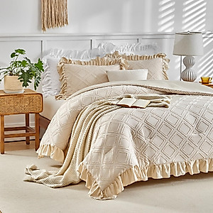 Tufted Ruffle Comforter Set Twin Size, 3 Pieces Beige Ruffled Farmhouse Comforters, Luxury Solid Color Soft and Embroidery Shabby Chic Boho Bohemian Bedding Set for Kids(1 Comforter + 2 Pillowcases)