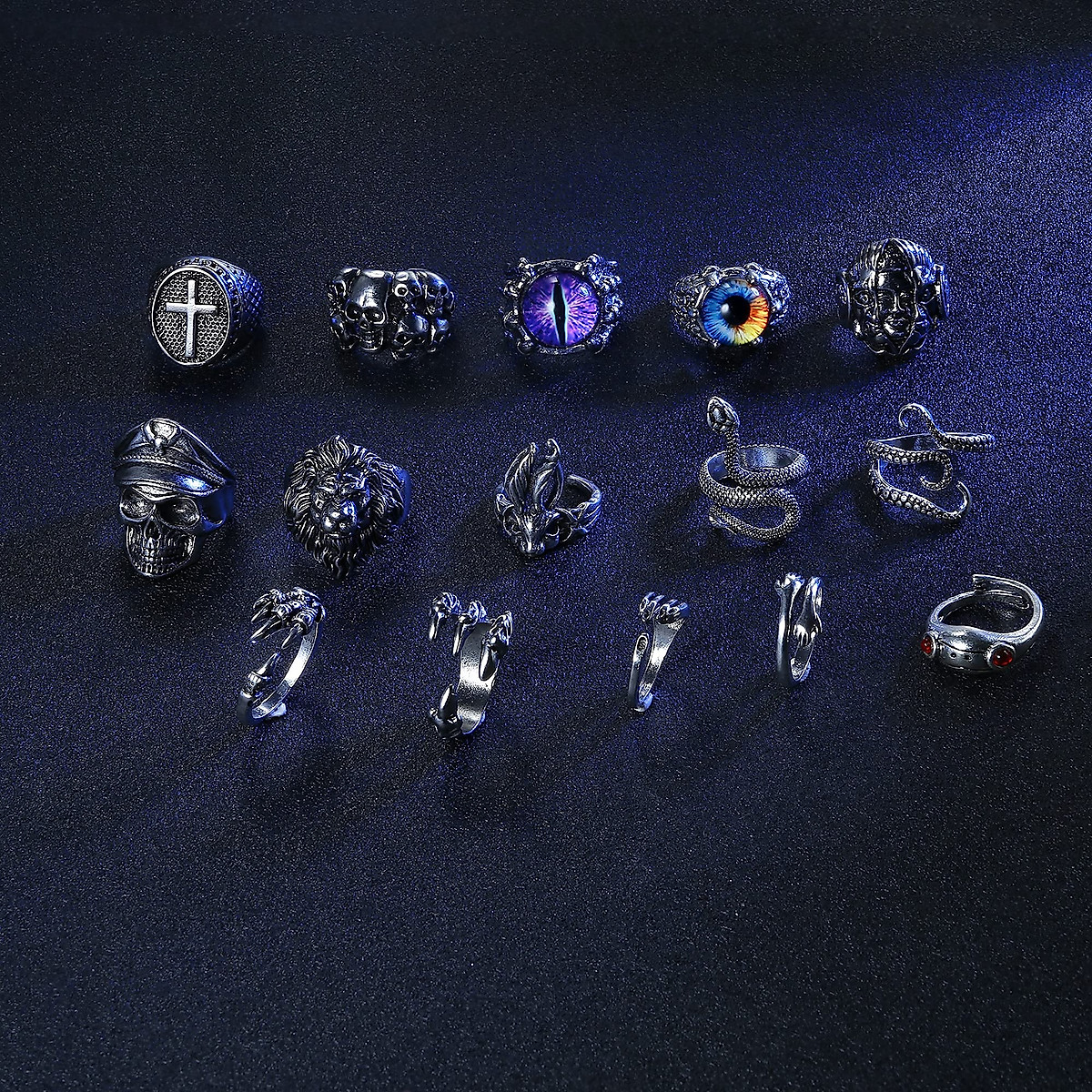 Subiceto 15 Pieces Vintage Punk Rings Adjustable Gothic Rings for Women Men Frog Octopus Snake Skull Claw Cool Rings Set Jewelry