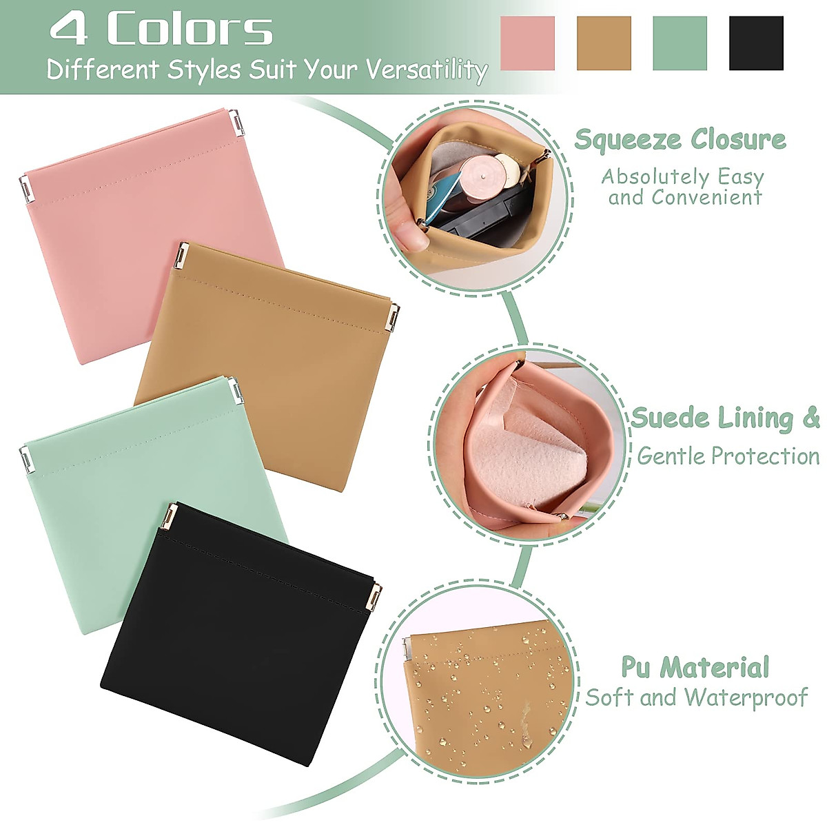 BABORUI 4Pcs Small Makeup Bag for Purse, Pocket Cosmetic Bag Squeeze Top, Portable Mini Travel Makeup Bag for Women