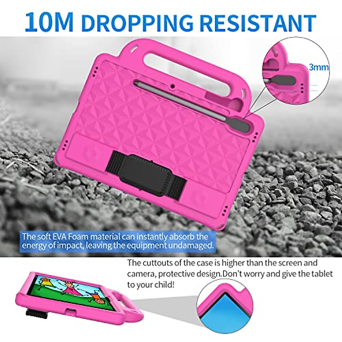 Shockproof Case for 11-inch Samsung Galaxy Tab S9/S8/S7, Galaxy Tab S9 FE 2023 Case, Techcircle EVA Foam Handle Stand Protective Case with Shoulder Strap & Elastic Hand Strap Rugged Kids Cover, Rose