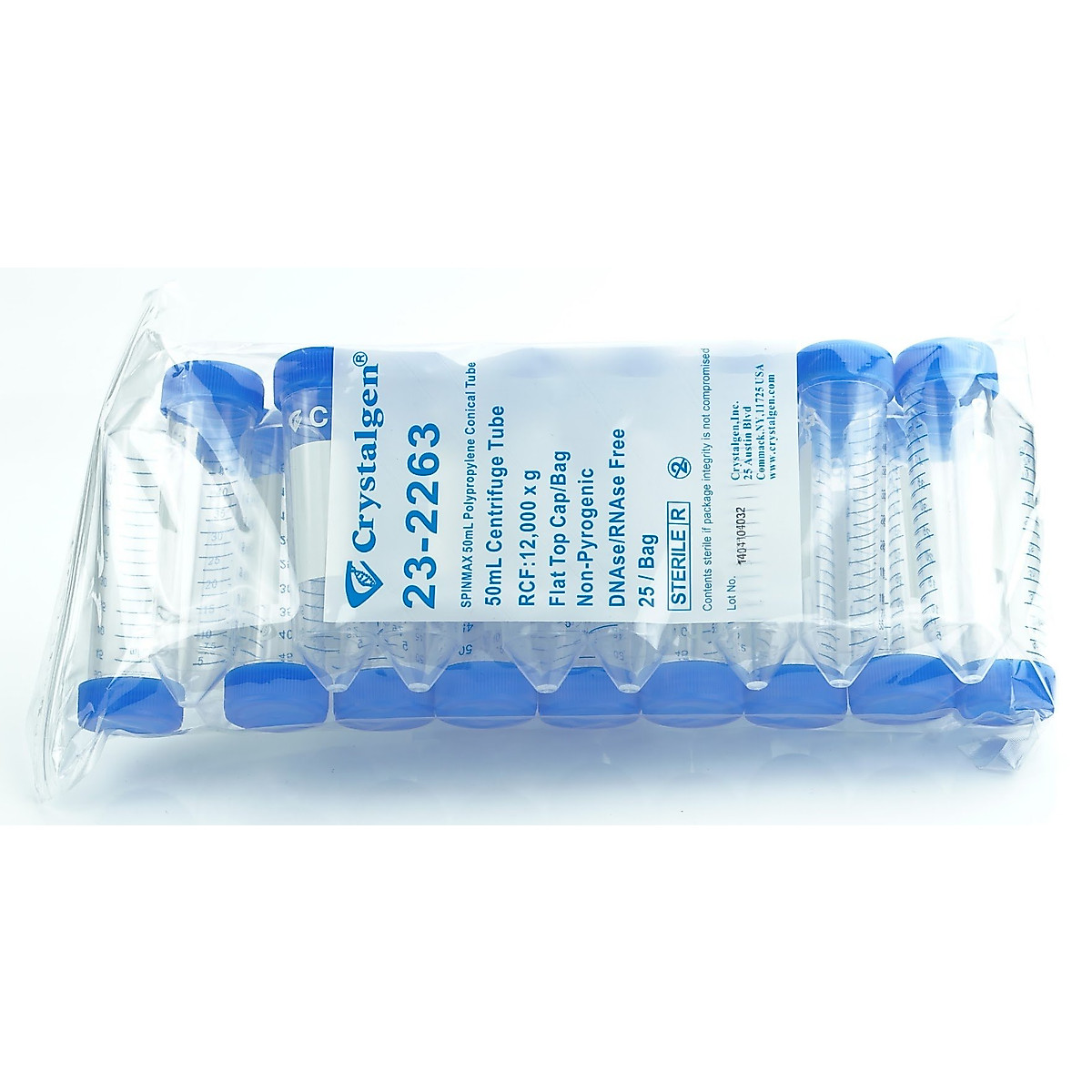 Crystalgen 23-2263 Polypropylene Conical Centrifuge Tube with Blue Screwcap, Sterile, 50mL Capacity, Pack of 500