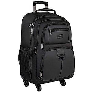 Roller Backpack, 18 inch Large Travel Laptop Bag with 4 Wheels for Adults, Heavy Duty Wheeled Suitcase Luggage Pack for Work Business, Rolling Spinner Computer Rucksack for Women Men Nursing, Black