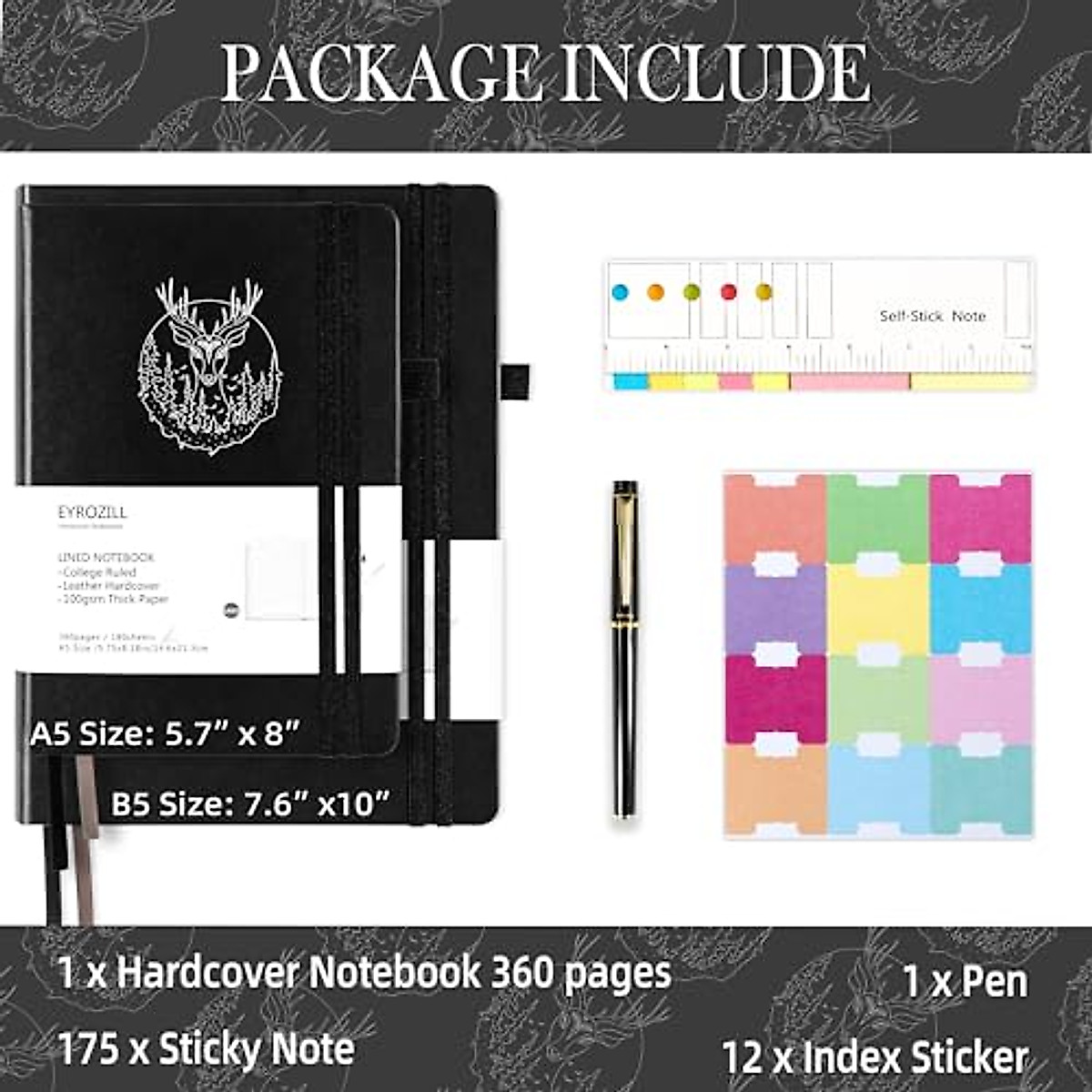 EYROZILL B5 Lined Journaling Notebooks 360 Pages, Thick Hardcover Leather Journals, Travel Notebooks for Women Men (7.6" X 10" Black Deer)