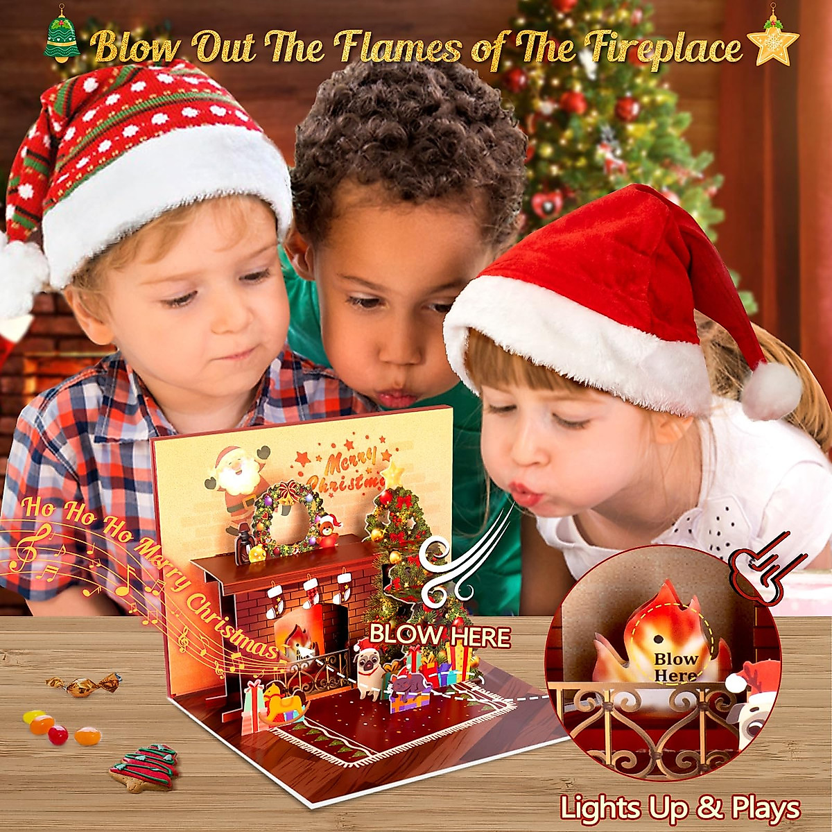 FITMITE Christmas Card Pop Up with Light and Music 3D Santa Fireplace Merry Christmas Greeting Card with Envelope for Kids Girls Women Man Christmas Gift