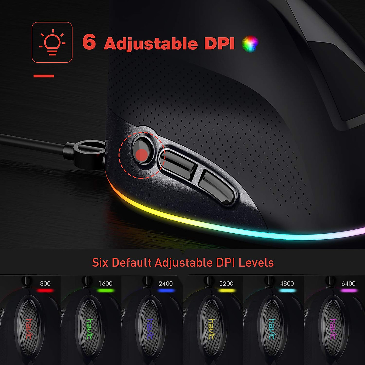 Havit Ergonomic Vertical Mouse RGB Backlit Wired Computer Mice 6 Adjustable DPI(800-1600-2400-3200-4800-6400) 6 Buttons for Laptop PC Desktop, Notebook