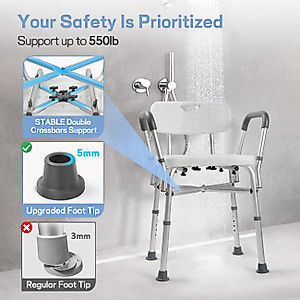 Adjustable Shower Chair with Arms and Back, Heavy Duty Shower Chair for Inside Shower with Double Crossbars, Safety Bars & Rust-Proof Shower Benches for Elderly and Disabled, Anti-Slip Mat Include