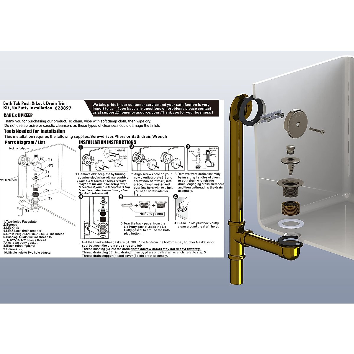 Artiwell Push & Lock Tub Trim Set with Single-Hole Overflow Faceplate, Bathtub Conversion Kit Assembly with Conversion Bar, Universal Fine/Coarse Thread, No Putty Installation (Brushed Gold)
