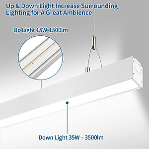 DAKASON 4FT Linkable LED Linear Light, 35W Down and15W Up Light, 3/4/5000K CCT Selectable, Commercial Linear Lighting Fixture for Office, Dimmable Suspended Lighting for School 1Pack White