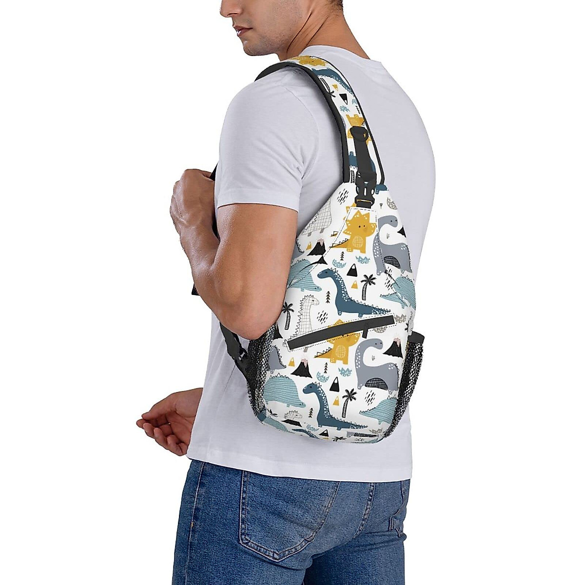 Cute Cartoon Dinosaur Sling Bag Crossbody Backpack Childish Seamless Pattern with Hand Drawn Dinosaurs in Scandinavian Style Travel Hiking Daypack Funny Abstract Chest Shoulder Bag for Women Men